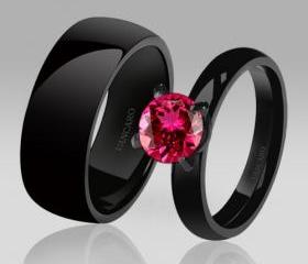 Black Couple Rings Engagement/wedding Ring Solitaire Red Corundum Ring ...