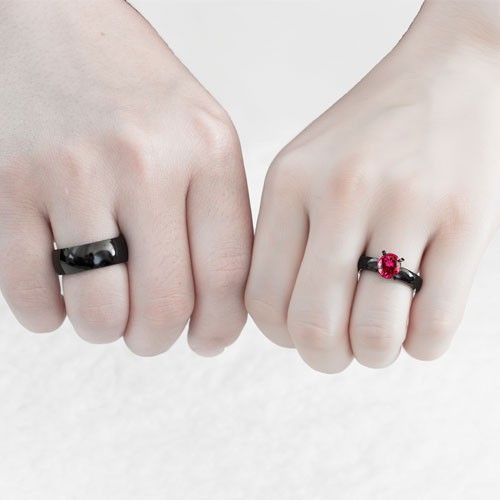 Black Couple Rings Engagement/wedding Ring Solitaire Red Corundum Ring ...